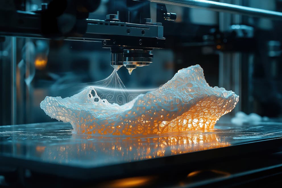 High-tech 3D Printer Building Intricate Object with Precision in Dimly ...