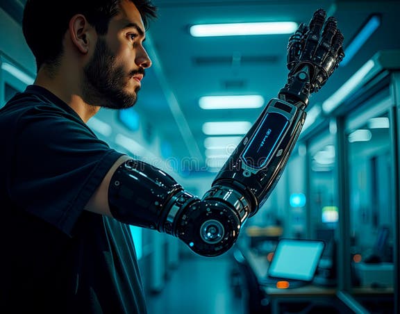 Advanced Prosthetic Limb Testing in a High-tech Lab. Patient Flexing a ...