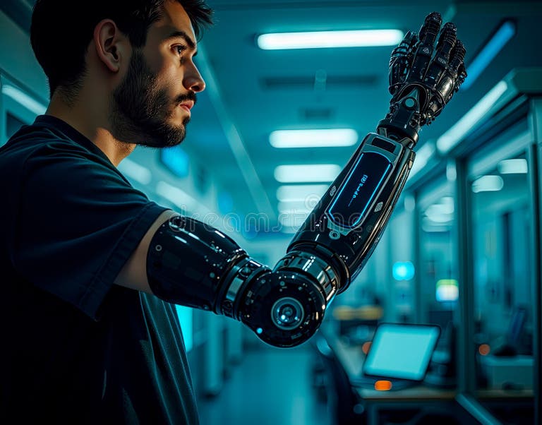 Advanced Prosthetic Limb Testing in a High-tech Lab. Patient Flexing a ...