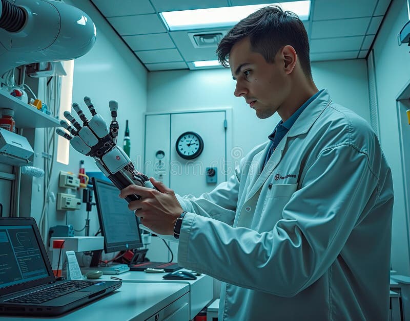Advanced Prosthetic Limb Testing in a High-tech Lab. Patient Flexing a ...