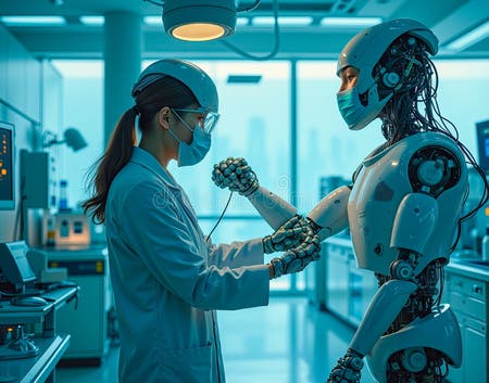 Advanced Prosthetic Limb Testing in a High-tech Lab. Patient Flexing a ...