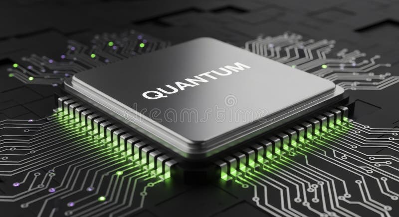Advanced Quantum Microchip Processor on Dark Circuit Board with Green ...