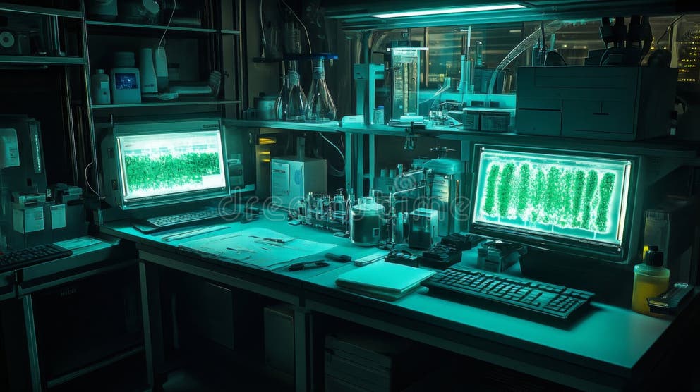 Advanced Research Laboratory at Night with Illuminated Screens Stock ...