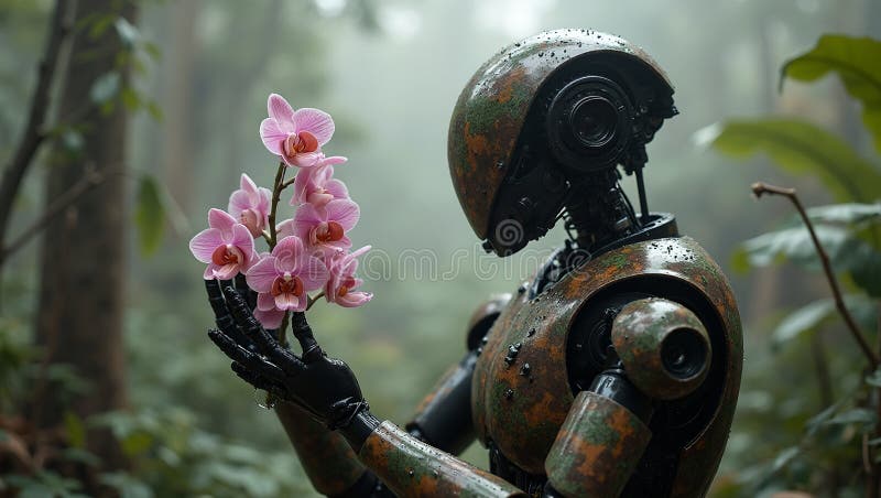 Advanced Research Robot Studying Rare Orchid in Misty Rainforest Stock ...