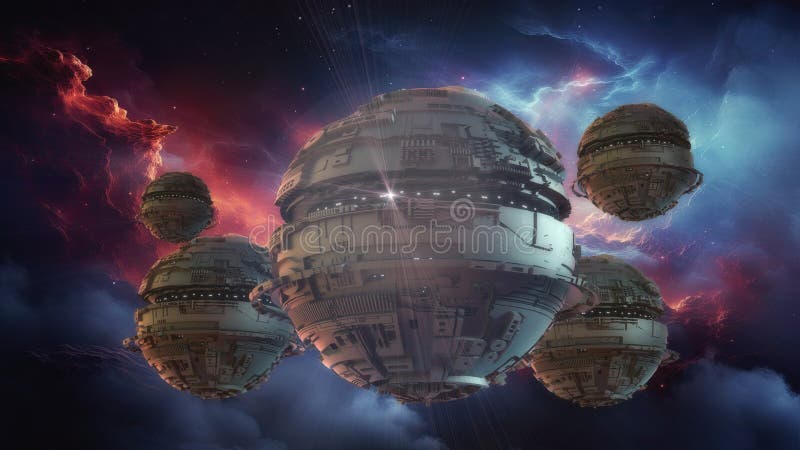 Advanced Ringed Space Stations Orbit in Deep Space Stock Illustration ...