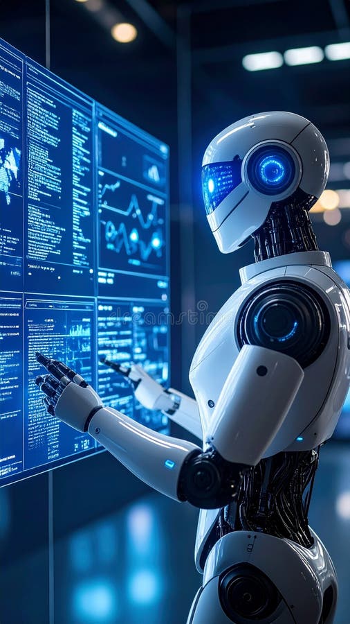 Advanced Robot Analyzes Data on Digital Screens, Demonstrating AI and ...