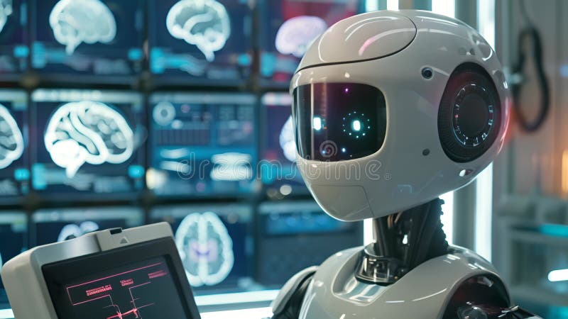 Advanced Robot Analyzing Brain Scans on Multiple Displays Stock Footage ...