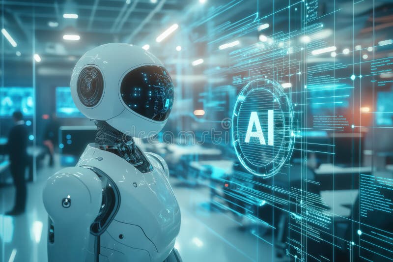 Advanced Robot Analyzing Complex Data Related To Artificial Intelligence On Futuristic Screen