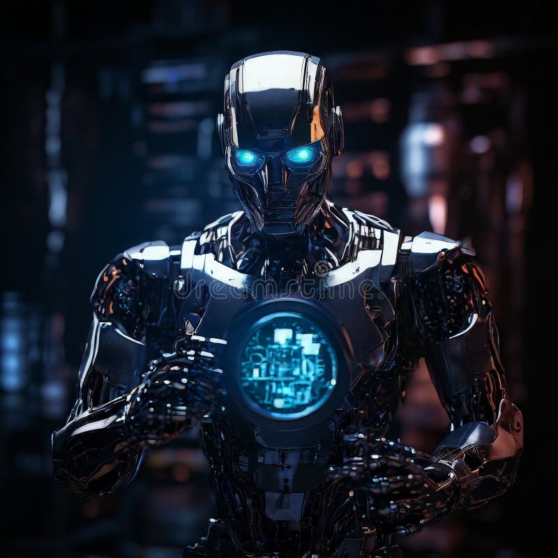 Advanced Robot Analyzing Glowing Core in Dark Tech Environment Stock ...