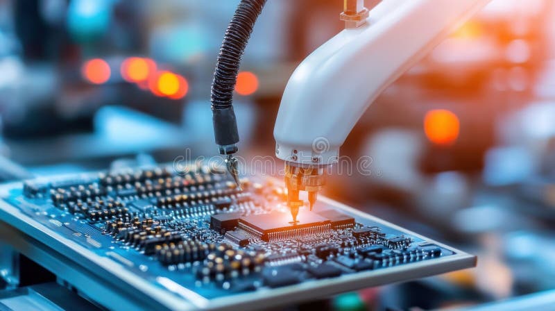 Advanced Robot Arm Assembling Microchips in a High-tech Manufacturing ...