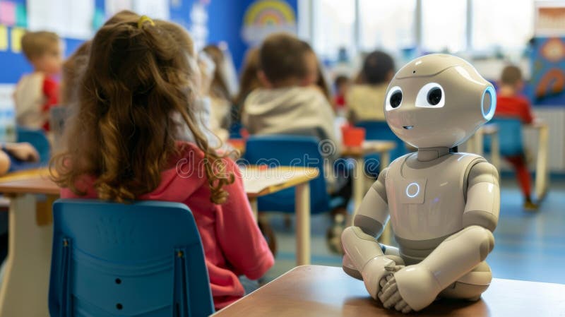 Robot Assistant in Classroom Engaging with Children Stock Illustration ...
