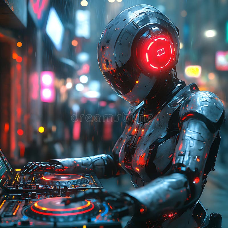 Advanced Robot DJ with Red Neon Lights in Neon-lit Nightlife ...