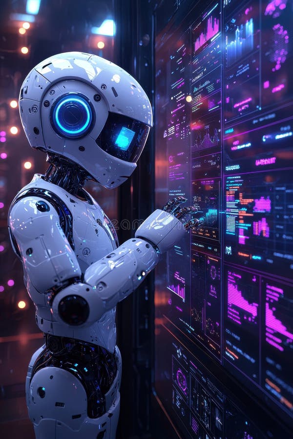 Advanced Robot Exploring Futuristic Data Interfaces in a Tech-lit Environment Stock Photo ...