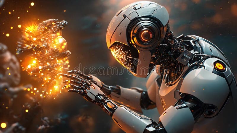 A Futuristic Robot Creating Sparks in a High-tech Environment at Dusk ...