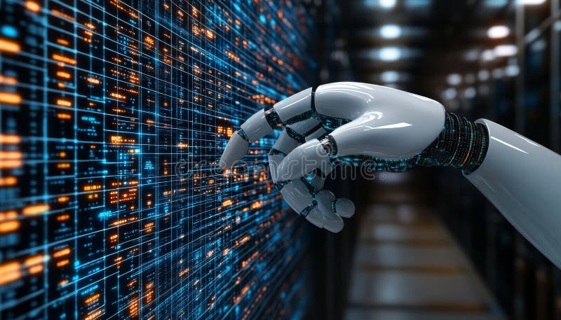 Advanced Robot Hand Analyzing Big Data, Artificial Intelligence and Machine Learning Concept ...