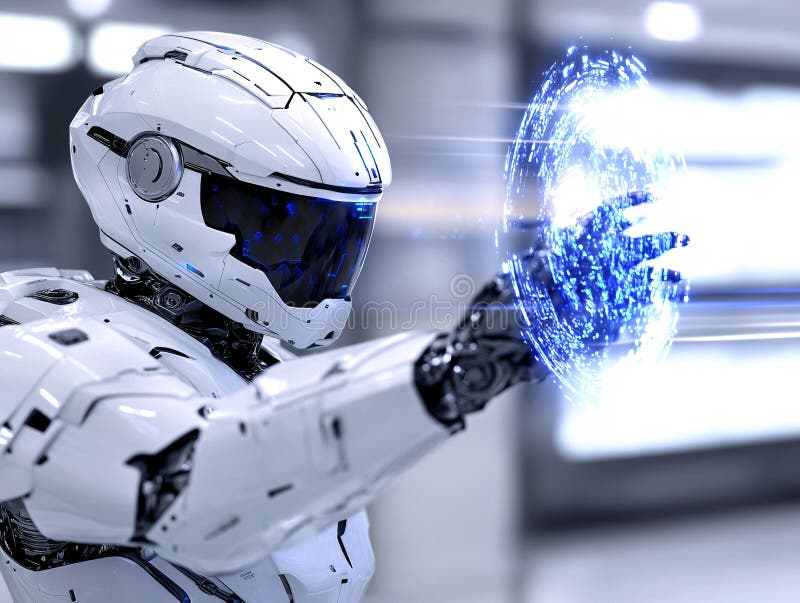 Advanced Robot Interacting with Digital Sphere. Stock Illustration ...