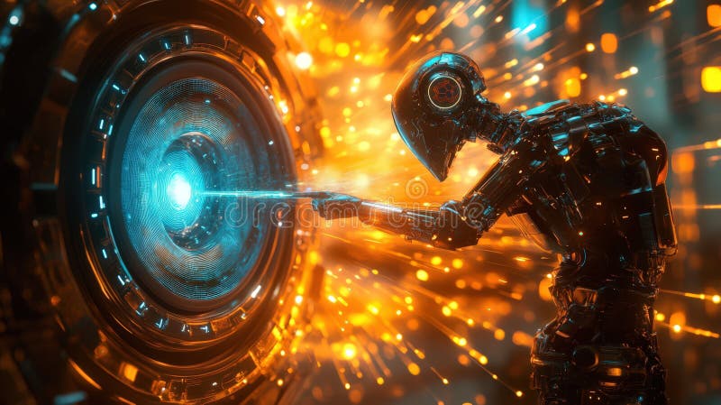 Advanced Robot Interacting with Futuristic Portal Interface Stock Photo ...