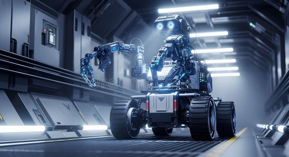 Advanced Robot Navigating Futuristic Corridor, Technology and ...
