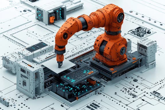 Advanced Robot Operating a Computer in a Futuristic Industrial ...