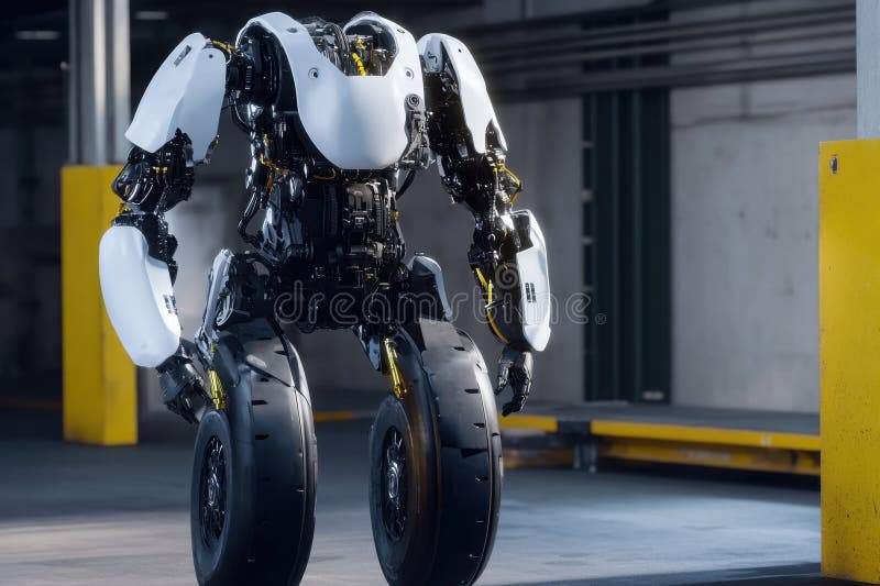 Advanced Robot Prototype Navigating a Futuristic Industrial Environment ...