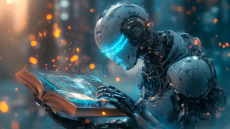 Advanced Robot Reading Glowing Book in Futuristic City Stock ...