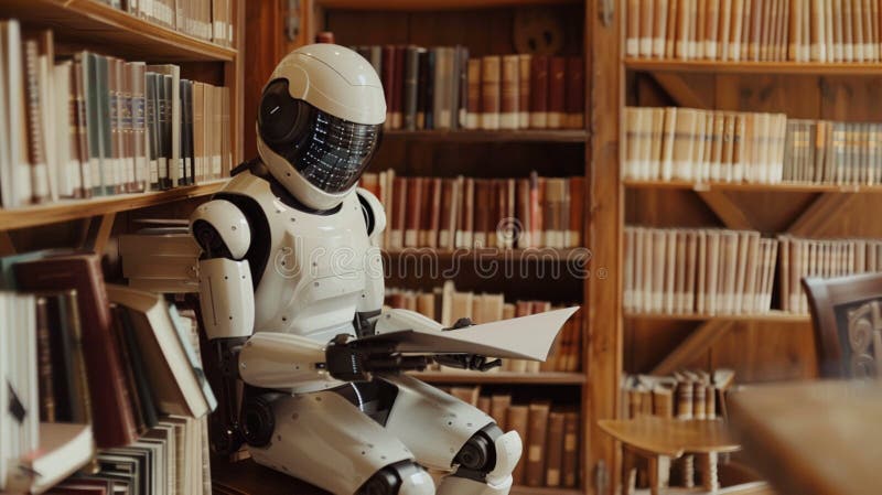 Advanced Robot Reading and Writing White Design Sits in a Library ...