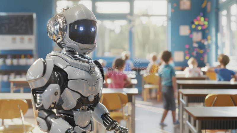 Advanced Robot Standing in a Colorful Classroom with Young Students ...