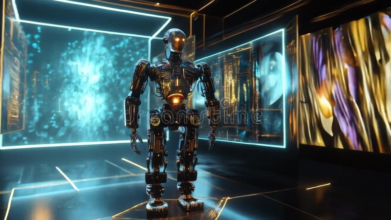 Powerful Robot Standing Still in Futuristic Room with Holographic ...