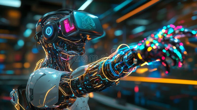 Advanced Robot Using VR Headset with Neon Lights Stock Photo - Image of ...