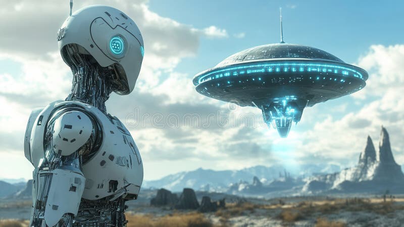 Futuristic Robot Observing Extraterrestrial Spaceship Landing in Alien ...