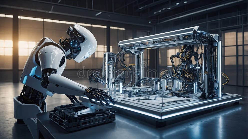 Advanced Robot Working on a Complex Machine Stock Illustration ...