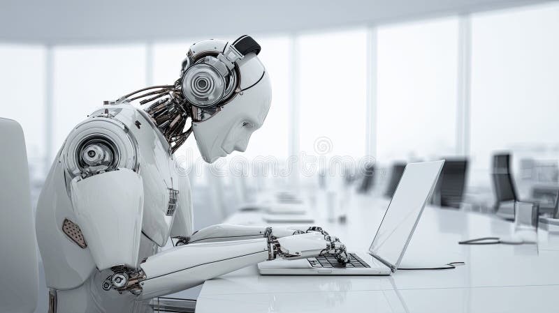 Advanced Robot Working on Laptop in Modern Office Environment with ...