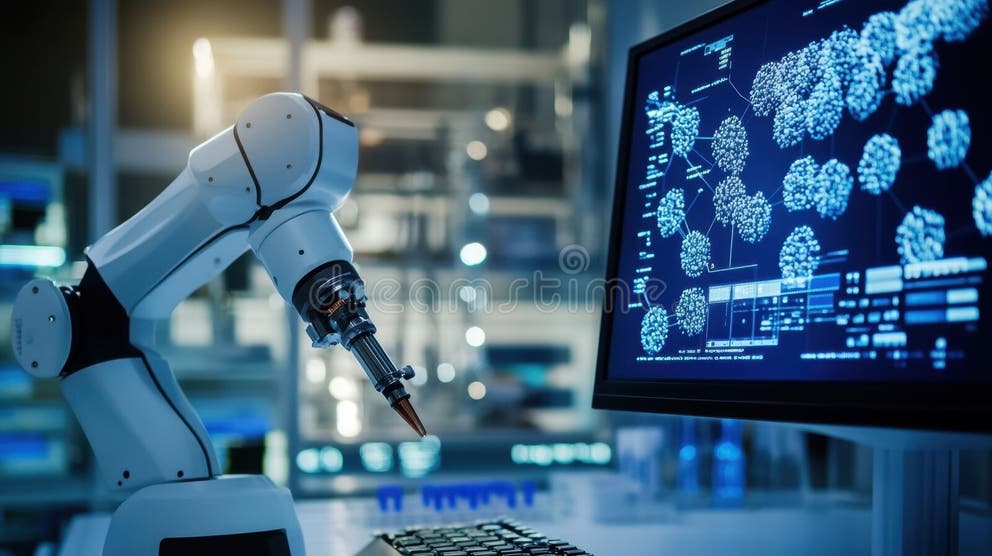 Advanced Robotic Arm Analyzing Scientific Data in Lab Stock Image ...