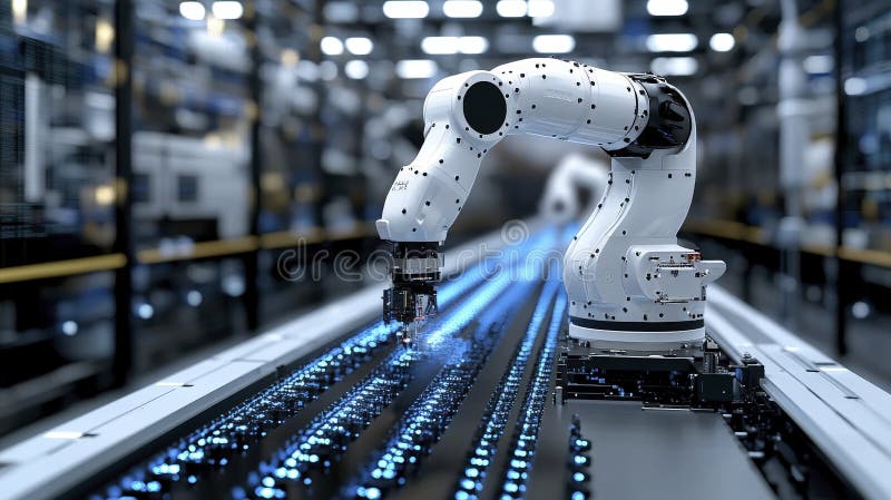 Advanced Robotic Arm Assembling with Blue Digital Effects Stock ...