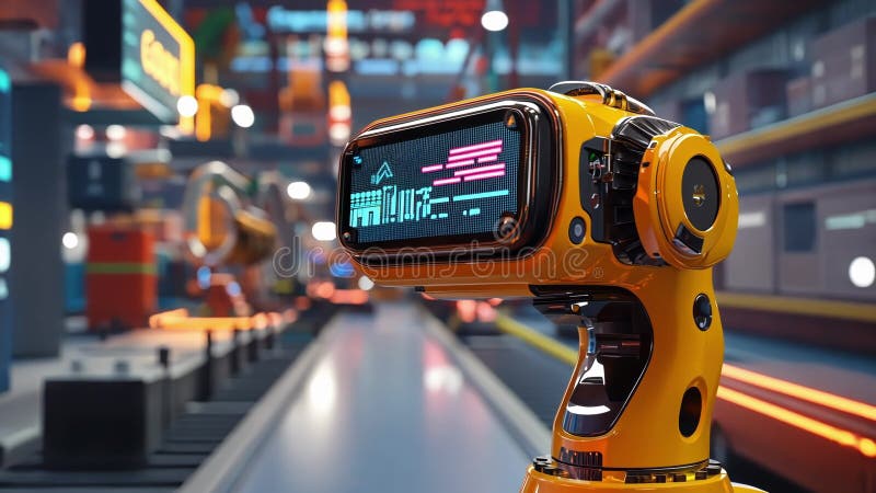 Robotic Arm Monitoring Production Line in Futuristic Factory Stock ...