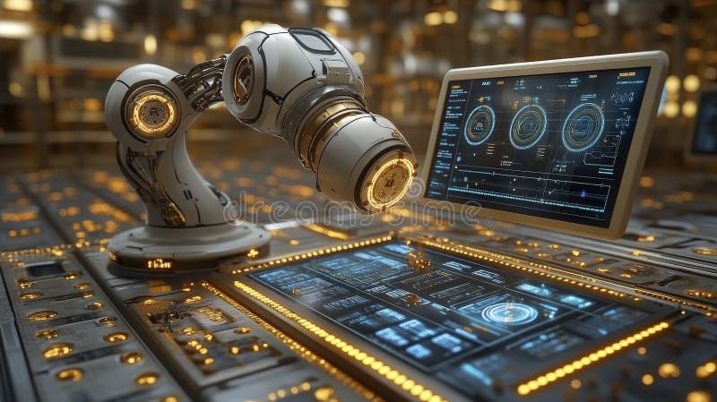 Advanced Robotic Arm with Digital Interface Display Stock Illustration ...