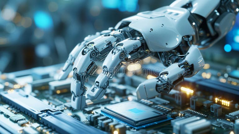 Advanced Robotic Arm Engaged in Precision Assembly of Electronics on a ...