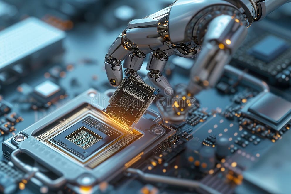 Advanced Robotic Arm Engaged in Precision Assembly of Electronics on a ...