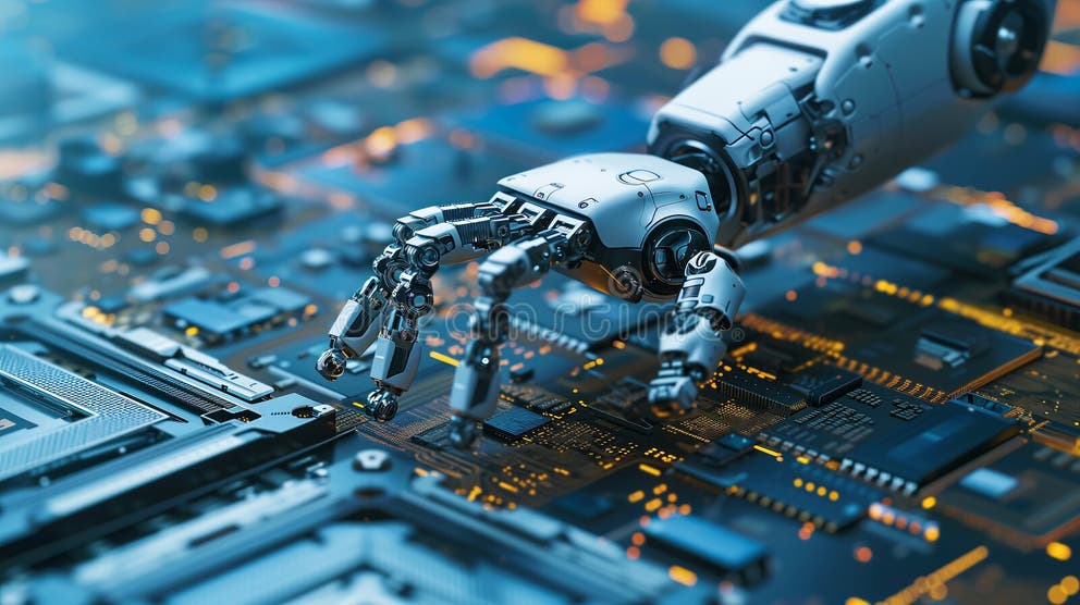 Advanced Robotic Arm Engaged in Precision Assembly of Electronics on a ...