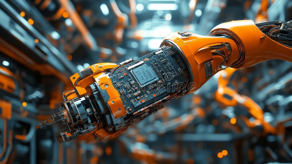 Advanced Robotic Arm with Exposed Circuitry in Factory Setting Stock ...