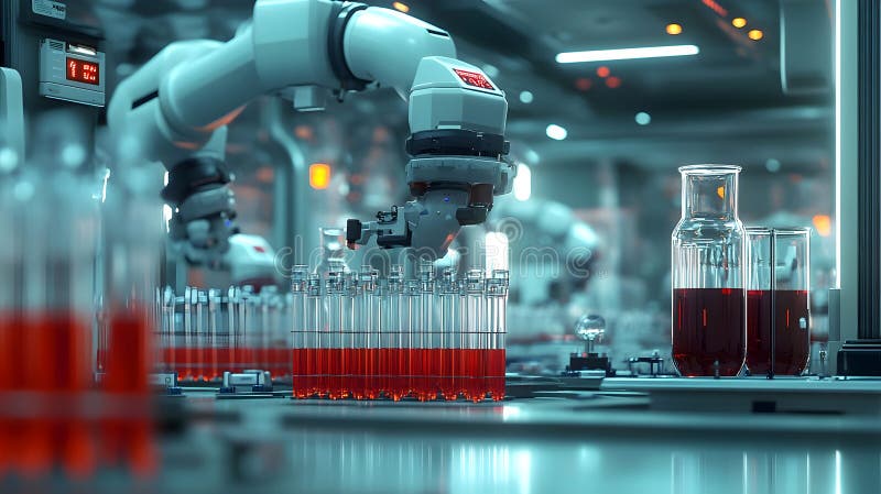 Advanced Robotic Arm Handling Test Tubes with Red Liquid in a High-tech ...