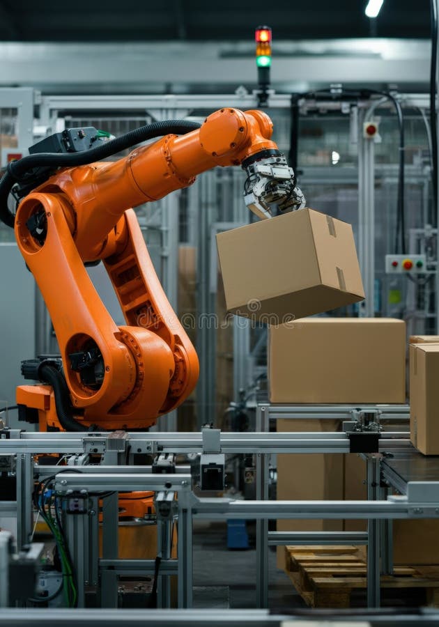 Robotic Arm Lifting a Cardboard Box in a Modern Warehouse Setting Stock ...