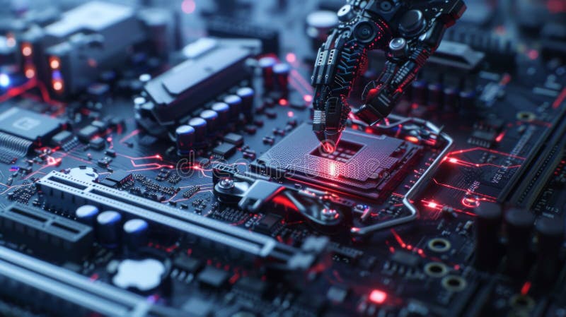 Advanced Robotic Arm Installing Processor on a Futuristic Motherboard ...