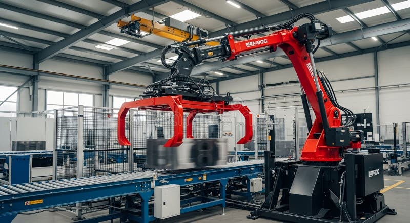 Advanced Robotic Arm in Manufacturing Facility Lifting Heavy Equipment ...