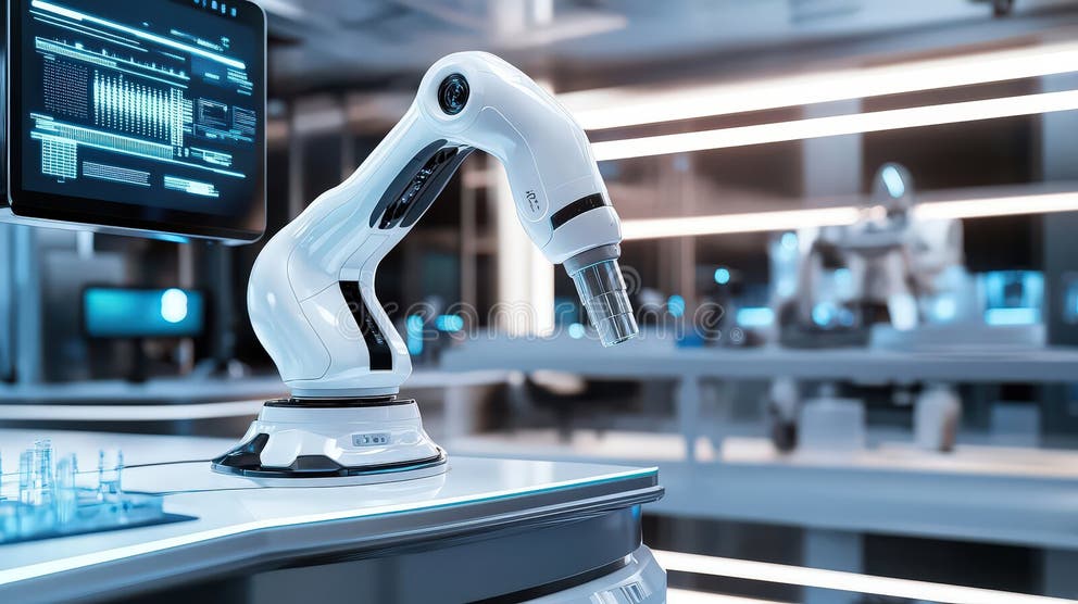 Advanced Robotic Arm in a Modern Lab Setting, Showcasing Precision and ...
