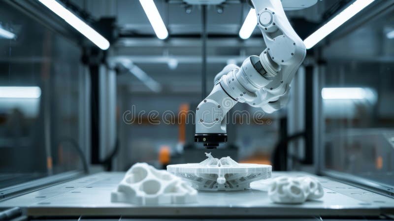 Advanced Robotic Arm Operating a 3D Printer in a High-tech ...