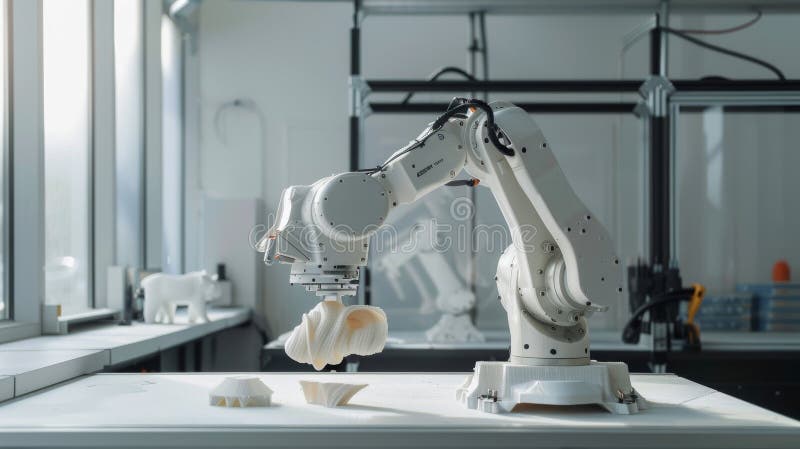Advanced Robotic Arm Operating a 3D Printer in a Modern Technology Lab ...