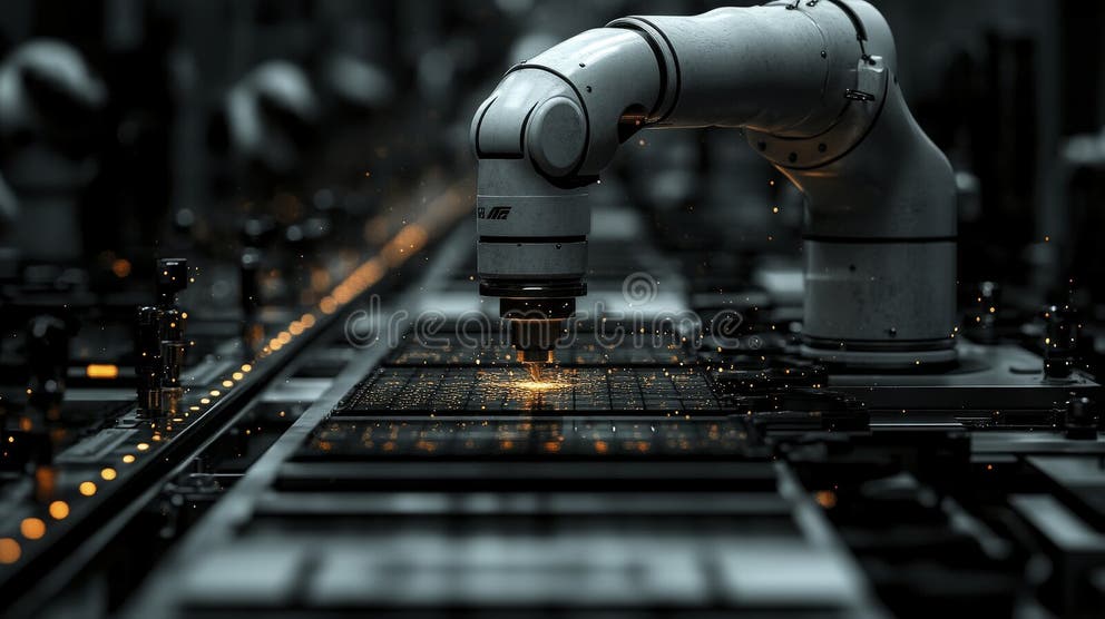 Advanced Robotic Arm Operating on Intricate Electronic Panel Stock ...