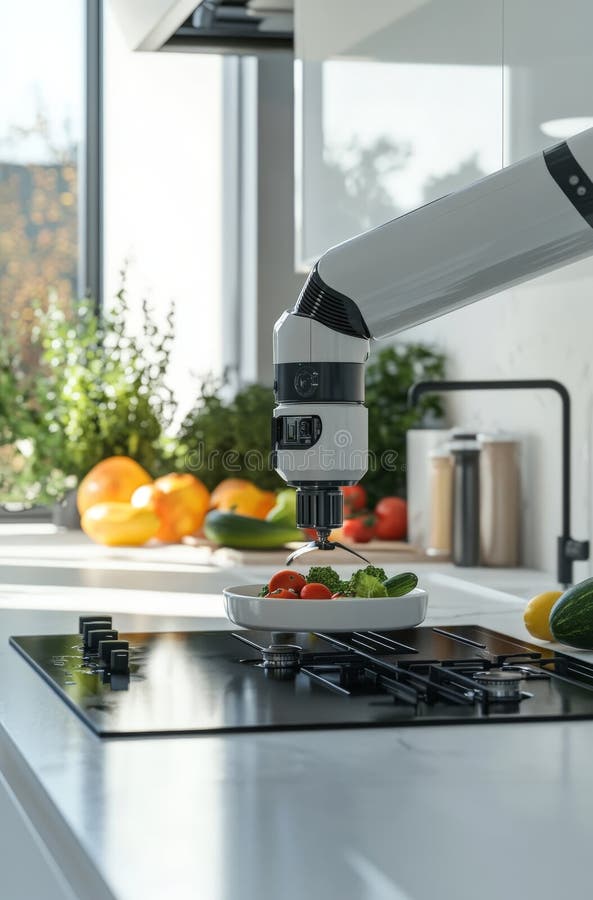 Advanced Robotic Arm Preparing Fresh Salad in Modern Kitchen Stock ...