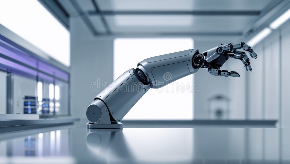 Advanced Robotic Arm Reaching Out in Futuristic Laboratory Setting ...